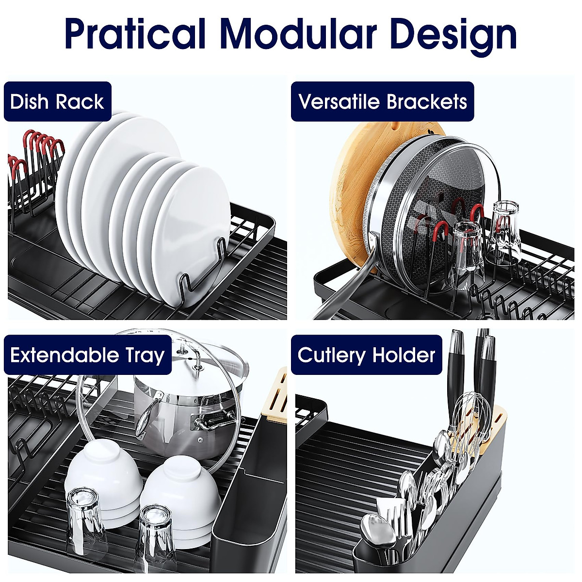 Dish Drying Rack, Expandable(19.3"-26") Dish Rack with Drainboard Set, Extra Large Rustproof Drying Rack for Kitchen Counter, Big Dish Drainers Dryer Racks for Dishes Drain with Utensil & Knife Holder