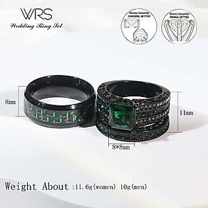 Two Rings His Hers Wedding Ring Sets Couples Matching Rings Women's Black Gold Filled Green CZ Wedding Engagement Ring Bridal Sets Men's Stainless Steel Wedding Band