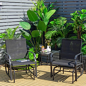 Giantex Outdoor Glider Chairs with Table & Umbrella Hole, Patio 2-Seat Rocking Chair Outside Loveseat Swing w/Breathable Fabric for Garden, Backyard, Poolside, Lawn Metal Glider Bench(Dark)