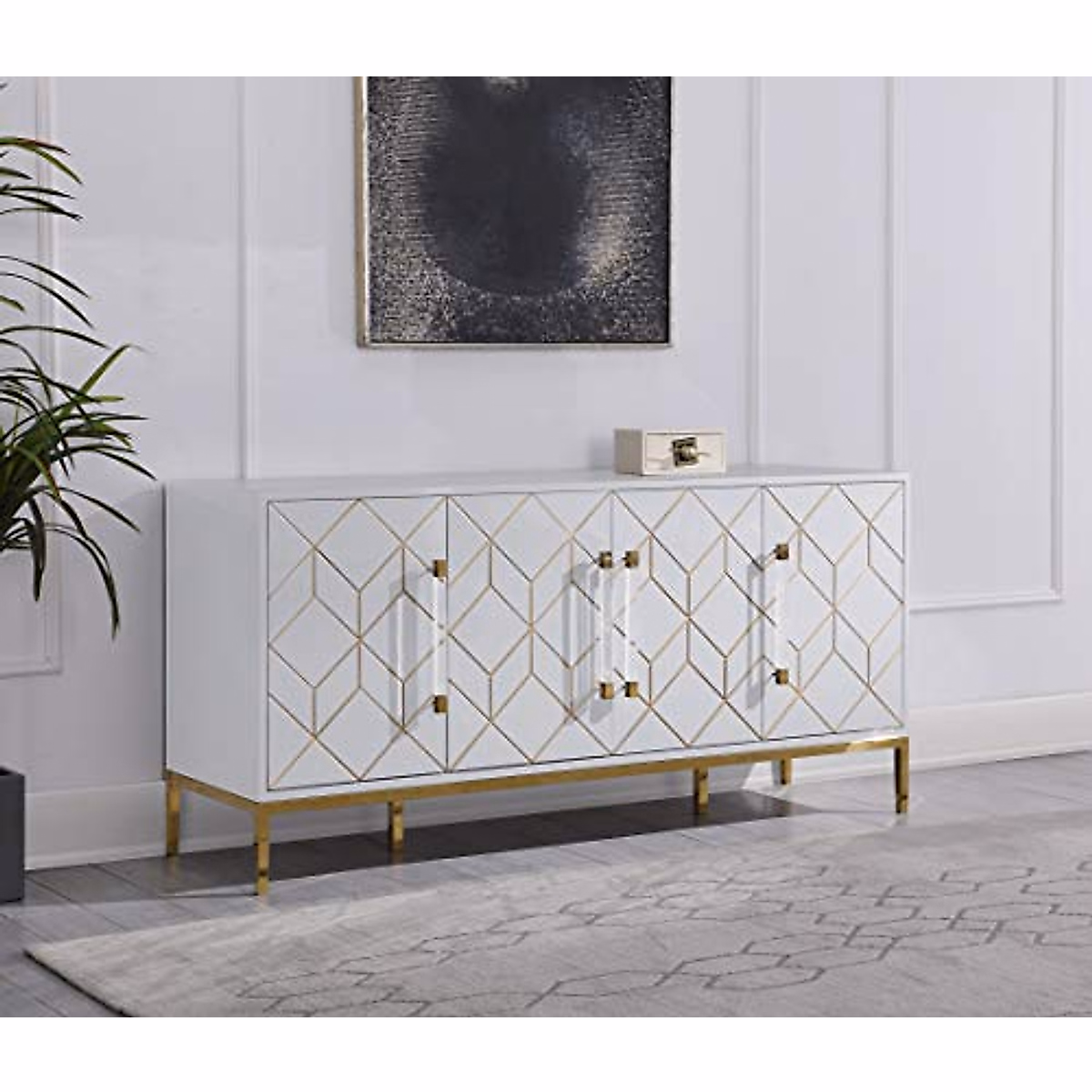 Best Master Furniture Thorne High Gloss Lacquer Sideboard/Buffet with Gold Trim, White