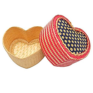 Bamboo Sticky Rice Serving Basket 6.2 x 5.2 Inch, Kratip, Intricately Woven Container, Heart-Shaped, Elephant Weave Pattern, Blue, Thailand Handmade, Dyed with Natural Based (American Flag)