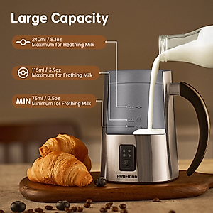REDMOND Electric Milk Frother, 4-in-1 Detachable Milk Frother for Coffee Stainless Steel, 8.1oz/240ml Hot and Cold Foam, Milk Steamer for Latte, Cappuccino, Hot Chocolate