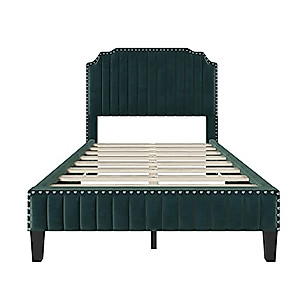 Livavege Full Size Bed Frame, Velvet Upholstered Full Platform Bed Frames with Curved Headboard, Mattress Foundation/Strong Wooden Slats Support/No Box Spring Needed/Easy Assembly, Green