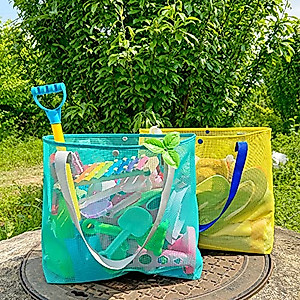 hsmyank 2Pack Large lightweight Simple Mesh Beach Tote Bag With snap Button Reusable Pool Bag for Outdoor Travel Shopping Gym (Yello+Lake green)
