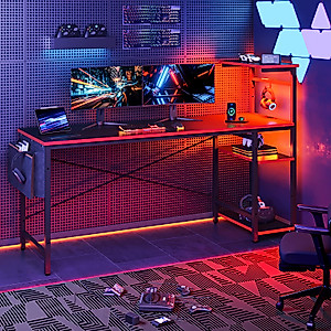 Bestier 61 Inch Gaming Desk with LED Lights, Reversible Shelves, Height Adjustable Shelf, Steel Frame, CARB P2 Class Board, Black Grained
