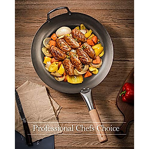 Bielmeier 14 Inch Carbon Steel Wok with Wok Ring,Woks and Stir Fry Pans with Sponge, Round Bottom Wok pan for Home and Professional Cooking…