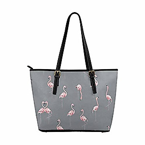InterestPrint Flamingo Flock on Grey Background Handbags Ladies Purses Shoulder Bags Tote Bag