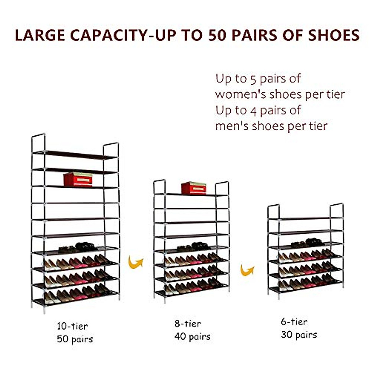 WEI WEI GLOBAL 10 Tiers Shoe Rack, 50 Pairs Non-Woven Fabric Shoe Storage Organizer, Shoe Tower Organizer Cabinet, Space Saving Shelf Closet (Black)