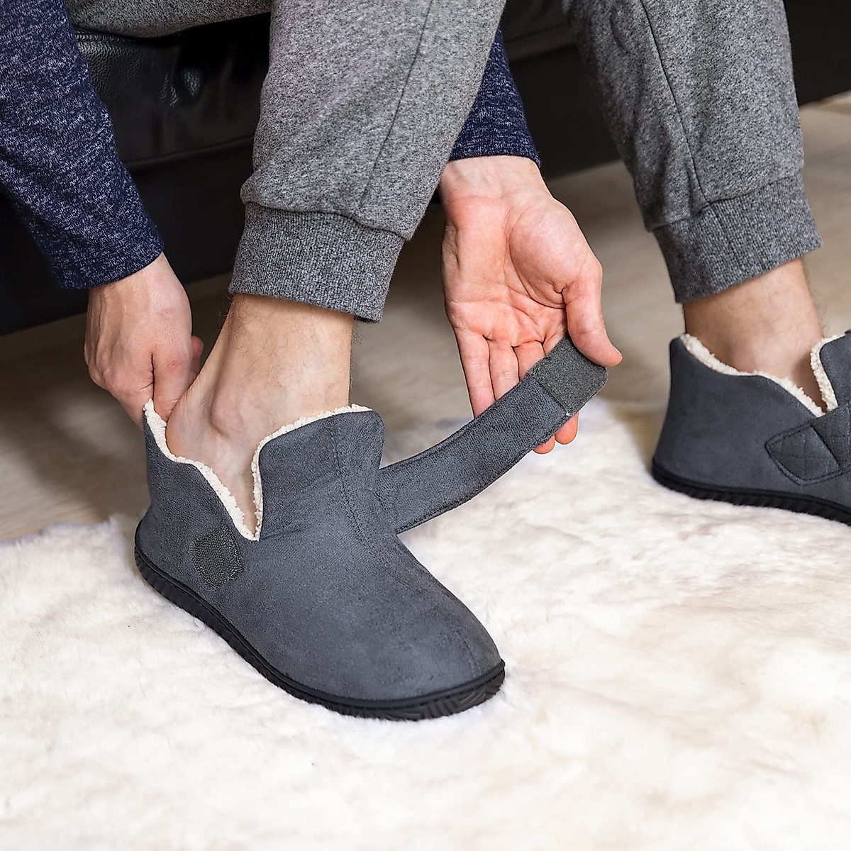 Zizor Mens Slipper, Velcro House Shoes for Diabetic, Men Gifts, Memory Foam, Indoor Outdoor, Winter Ankle Pantuflas with Rubber Sole (Dark Grey, Size 11)