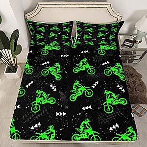 Motorbike Kids Sheet Twin Size,Extreme Sports Games Bedding Set,Girls Boys Adults Room Decor,Motorcycle Racing Modern Fashion Black Green Neon Bed Sheet Set 3pcs(Fitted + Flat + 1 Pillowcase)