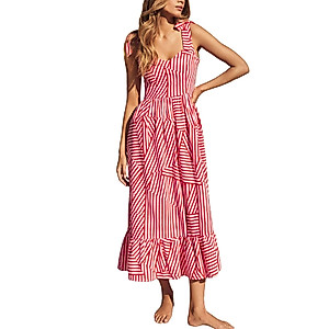Rooscier Women's Striped Printed Tie Shoulder Sleeveless Ruffle A Line Beach Long Dress Red Small