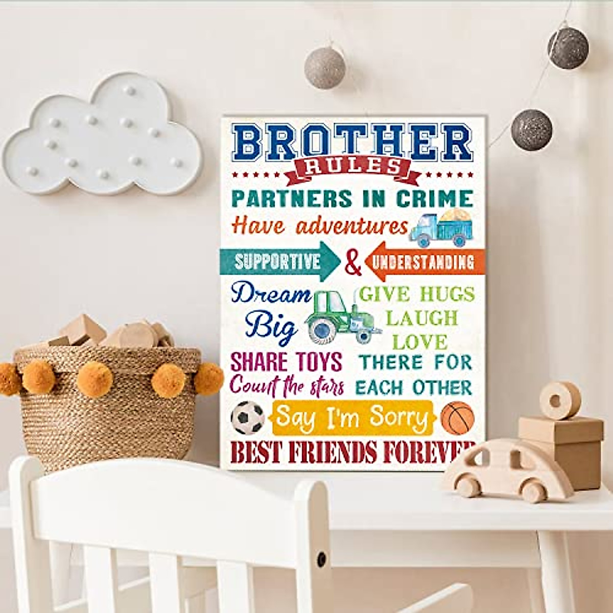 KAIRNE Brother Rules Wall Art,Boys Playroom Sign Prints,Truck Poster Inspirational Kids Room Decor(12x16inch,framed) Basketball Football Picture Brother Sign Construction decor for Boys Room Nursery