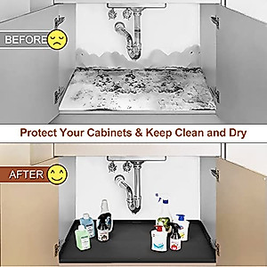 Under Sink Mats for Kitchen Waterproof, 34" x 22" Silicone Under Sink Liner, Under Sink Liner Hold up to 3.3 Gallons Liquid, Sink Protector Tray with Drain Hole for Kitchen Bathroom Cabinet (Black)