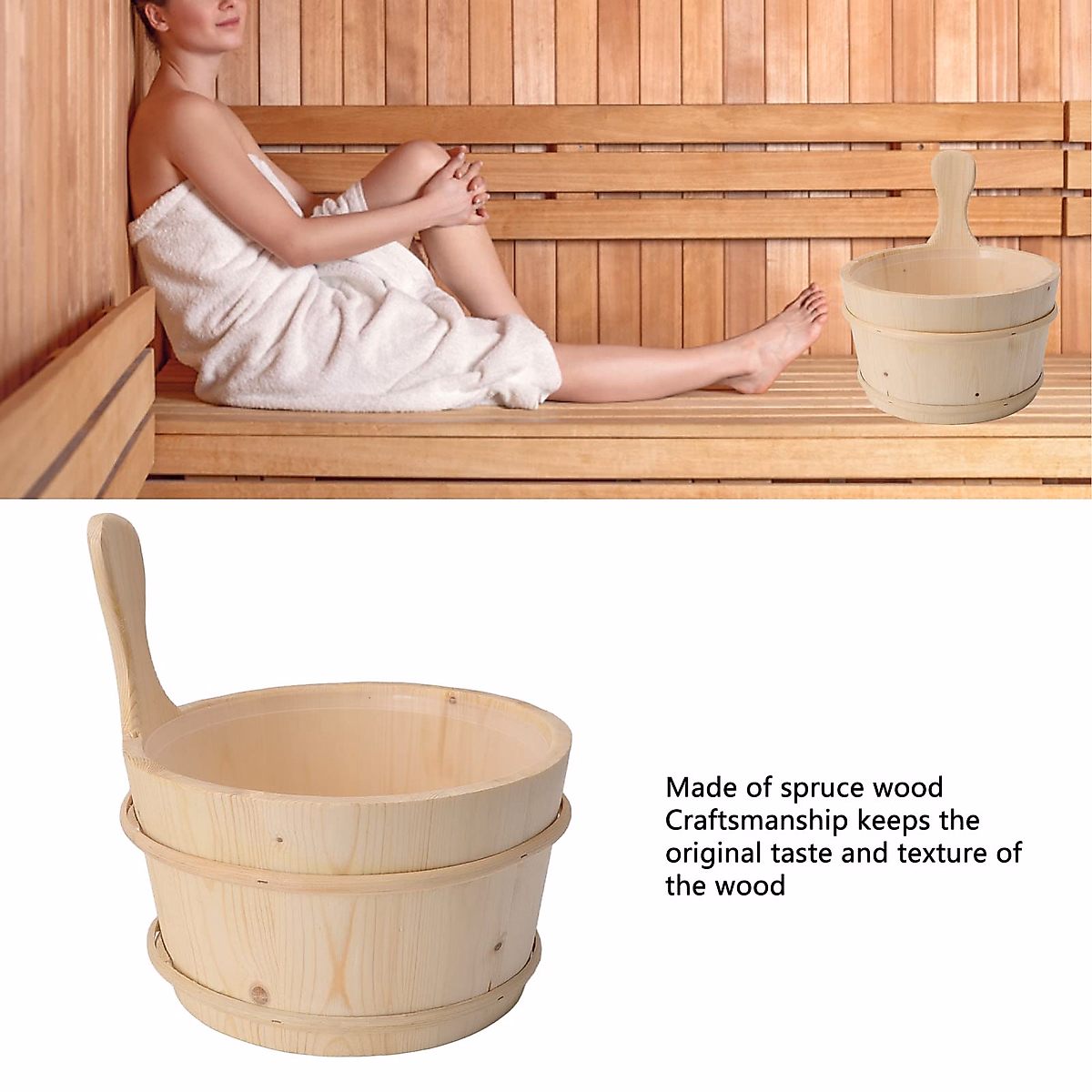 BestAlice Sauna Bucket and Ladle Set, 1 Gallon (4L) Handmade Wooden Sauna Bucket with Plastic Liner and Handle, Hot Tub Barrel Sauna Accessories for SPA Swimming Pool Massage Bathtub