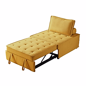 LIADTOP Pull Out Sofa, Small Tufted Velvet Convertible Couch, Easy to Assembly Faux Leather Single Bed with Removeable Backrest for Living Room Apartment (Yellow+Fabric)