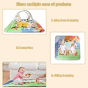 Mostop Baby Gym Play Mat with 4 Toys for Sensory and Motor Skill Development Language Discovery, 3 in 1 Large Size Baby Gym Activity Center for Tummy Time Washable Mat Covers Baby Activity Play Mat
