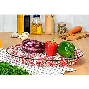 Red Co. Oven Safe Enamelware Metal Classic 16.5” Serving Oval Tray Platter, Red Marble/Black Rim – Splatter Design