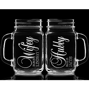 Hubby and Wifey Set of 2 Personalized Mason Jars Drinking Mugs Personalized Custom Etched for Wedding, Engagement Anniversary Bridal Party Gift of Favor for Newlyweds Couple Laser Engraved