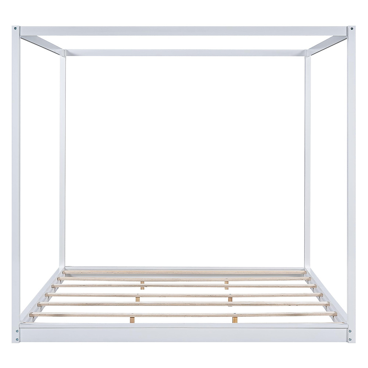 King Size Canopy Bed Frame, Wood Floor Bed with 4 Poster and Wooden Slats Support, No Box Spring Needed, White