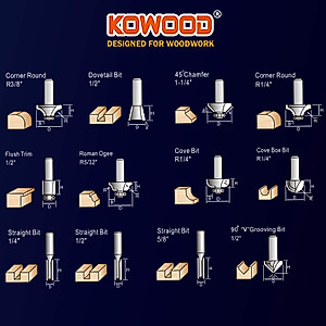 KOWOOD Router Bits Set of 12 Pieces 1/2 Inch Woodwork Tools for Beginners…