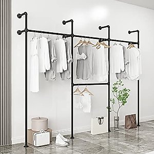 Industrial Pipe Clothing Rack,Moden Commercial Grade Pipe Clothes Racks,Wall Mounted Closet Storage Rack,Hanging Clothes Retail Display Rack,Heavy Duty Steampunk Garment Racks,Black(Three,Staggered)