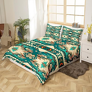 Feelyou Green Southwestern Bedding Set King Size Geometric Comforter Cover Set Tribal Native American Design Western Decor Duvet Cover Stripe Line Bedspread Cover Room Decor Quilt Cover(No Comforter)