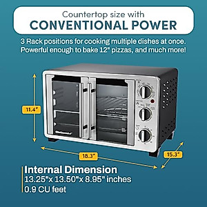 Elite Gourmet ETO2530M Double French Door Countertop Toaster Oven, Bake, Broil, Toast, Keep Warm, Fits 12" pizza, 25L capacity, Stainless Steel & Black