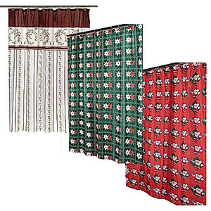Carnation Home Fashions Christmas Shower Curtain 3 Pack - 1 Each Victorian Christmas Wreath Stripe, Poinsettia Xmas Stripe, Santa Claus Stripe - Set 3 Fabric Xmas Shower Curtains Jolly Santa