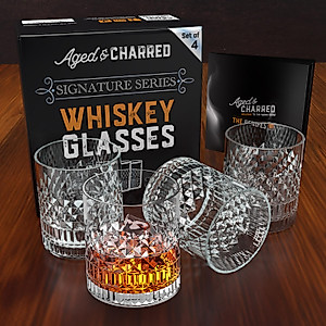 Aged & Charred Old Fashioned Whiskey Glasses Set of 4 - Premium Crystalline Bourbon Glass - Scotch Glasses Sophisticated Design - Elegant Gift Box