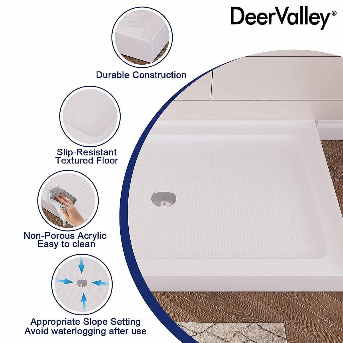 DeerValley DV-1SB0107 48"L X 30"W Shower Base in White with Single Threshold and Center Drain, Center Drain Location, Small Rectangle Acrylic Shower Pan, Non-slip Design