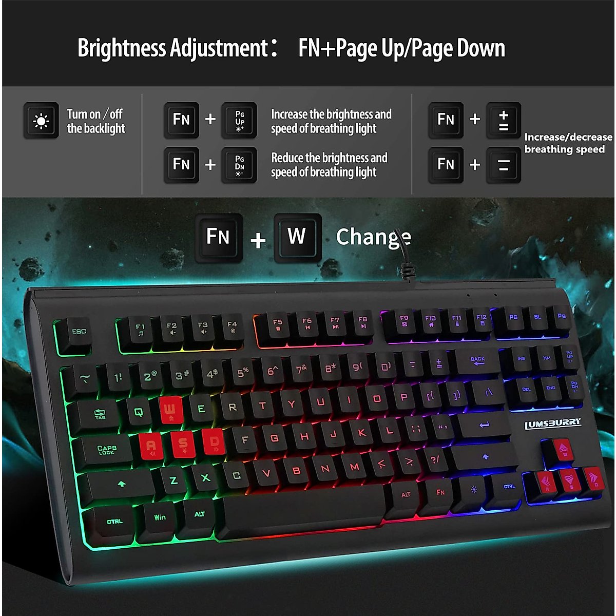 Lumsburry Rainbow LED Backlit 87 Keys Gaming Keyboard, Compact Keyboard with 12 Multimedia Shortcut Keys USB Wired Keyboard for PC Gamers Office