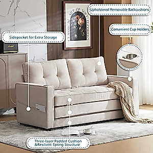 VINGLI Upgraded 64" W 84" L Full Size Futon Sofa Bed, 6" Thick Upholstery Chenille Loveseat Sofa Sleeper Pull Out Couch,Convertible Floor Couch for Living Room, Bedroom, Entertainment Room, Beige
