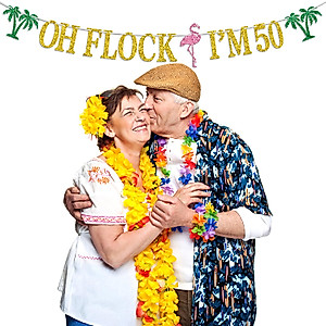 Oh Flock I'm 50 Banner, Glitter Happy 50th Birthday Anniversary Party Decorations, Pineapple Party Decor, Hawaiian Luau Tropical Aloha 50 Theme Party Photo Props
