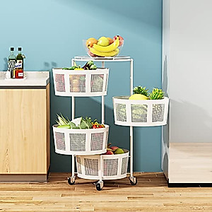 STYLIFING 4 Tier Rotating Shelf with Lockable Wheels, Storage Cart for Vegetable Fruits Metal Household Organizer Corner Shelf for Kitchen Living Room Bathroom, White