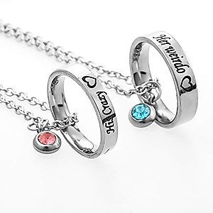 MJartoria Matching Necklaces for Couples, His and Hers Engraved Rhinestone Ring Pendant Necklace Gifts for Boyfriends Girlfriends (Silver, Her Weirdo His Crazy)