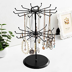 MyGift 2 Tier Black Metal Rotating Necklace and Bracelet Organizer Jewelry Stand with 24 Hooks, Multipurpose Accessory and Keychain Spinning Display Rack with Top Handle Card Holder