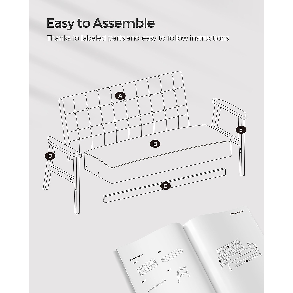 SONGMICS Loveseat Sofa, 2 Seater Cushioned Couch for Small Spaces, Mid-Century Modern 51.2-Inch Wide Seat with Solid Wood Armrests, Easy Assembly, for Living Room Bedroom, Dove Gray ULAC012G01