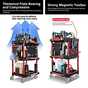 Ulable Auto Detailing Tool Cart, 3-Tier Utility Rolling Shop Cart with Side Hanging Plate and Hooks, Car Washing Cleaning Cart Organizer for Storing Your Tools, Tool Carts for Beauty Shop and Workshop