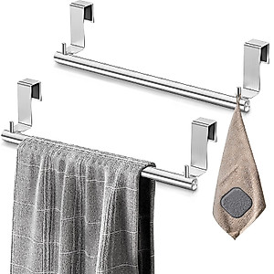 VEHHE Kitchen Towel Rack-2pcs, 12.7-Inches, Over The Door Towel Holder with Eva Foam Pads, Kitchen Towel Holder with 2 Hooks, Stainless Steel Towel Holder for Kitchen Cabinet (Silver)