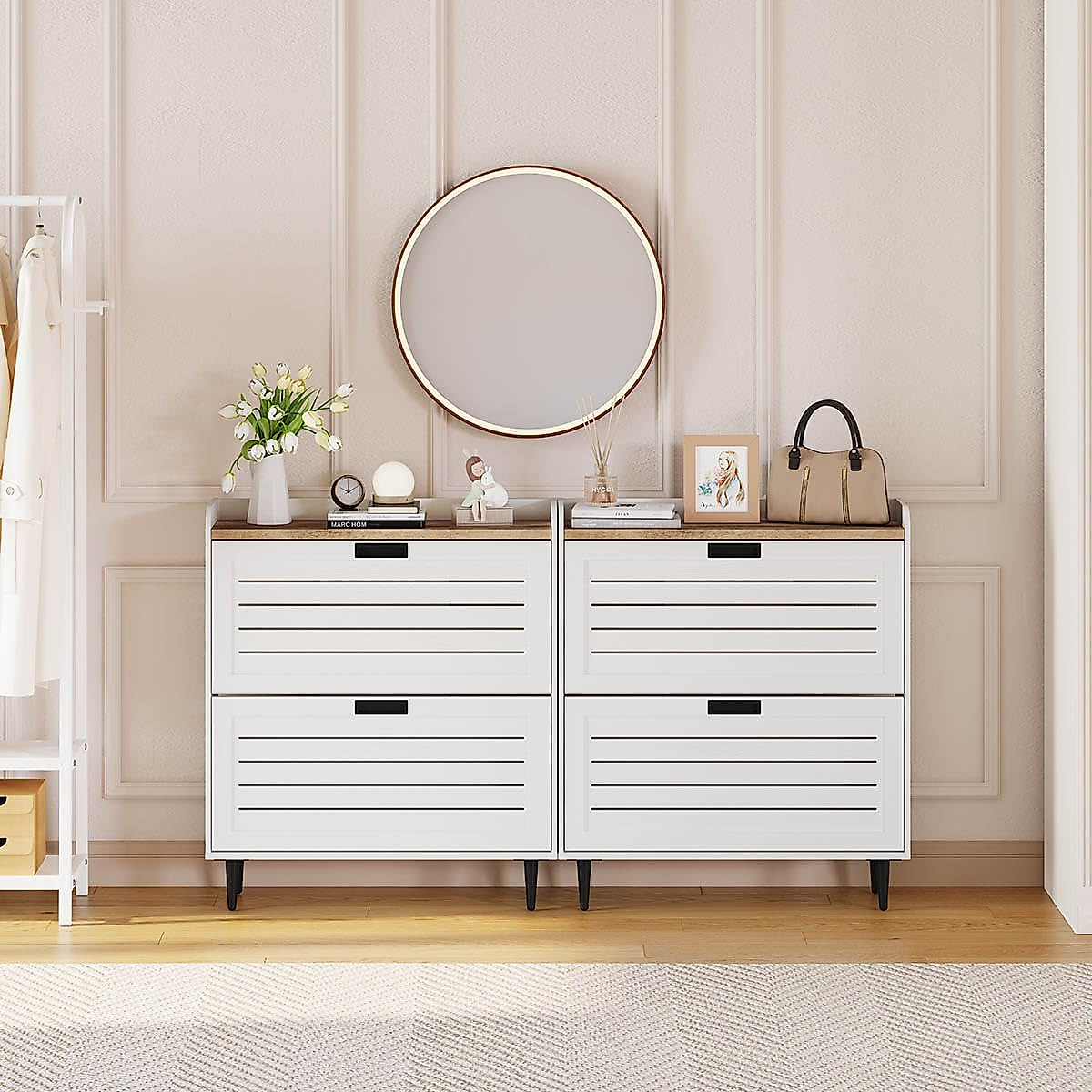 FATORRI Industrial 5 Tier Bookshelf and Shoe Cabinet for Entryway Hallway Living Room (Rustic Oak+White Oak)