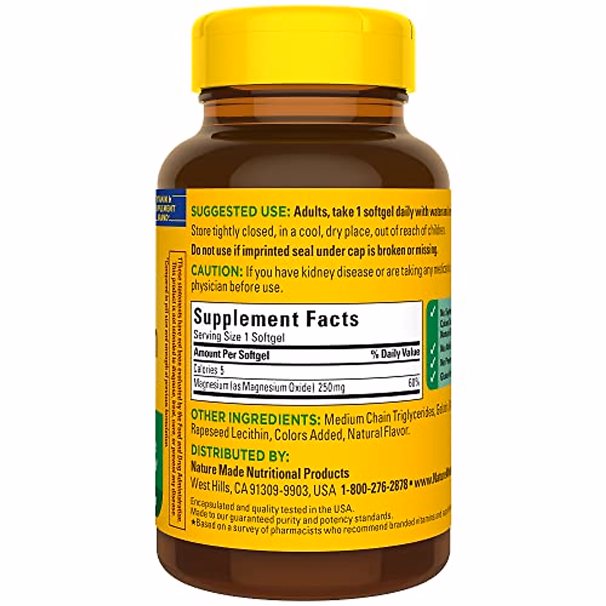 Nature Made Magnesium 250 mg, Dietary Supplement for Muscle, Heart, Bone and Nerve Support, 90 Softgels, 90 Day Supply