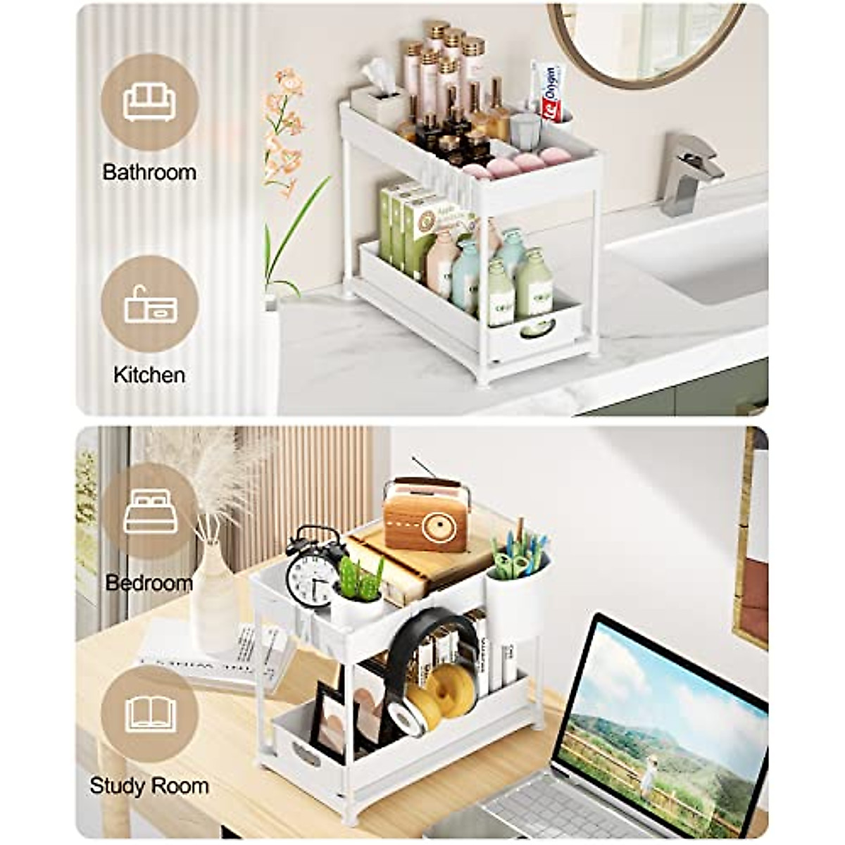 MERRYBOX 2 Pack Under Sink Organizers and Storage, Sliding Under Bathroom Cabinet Organizer, 2 Tier Kitchen Under Sink Organizer Pull Out Drawer with 8 Hooks, 2 Hanging Cups, 8 Non-Slip Feet, White
