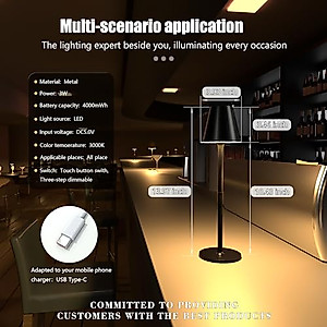 Timjorman Modern LED Cordless Table Lamp, 4000mAh Rechargeable Battery, 3 Level Brightness Night Light, Metal Shell, Minimalist Design, for Couples Dinner/Coffee Table/Restaurant/Bedroom, Black