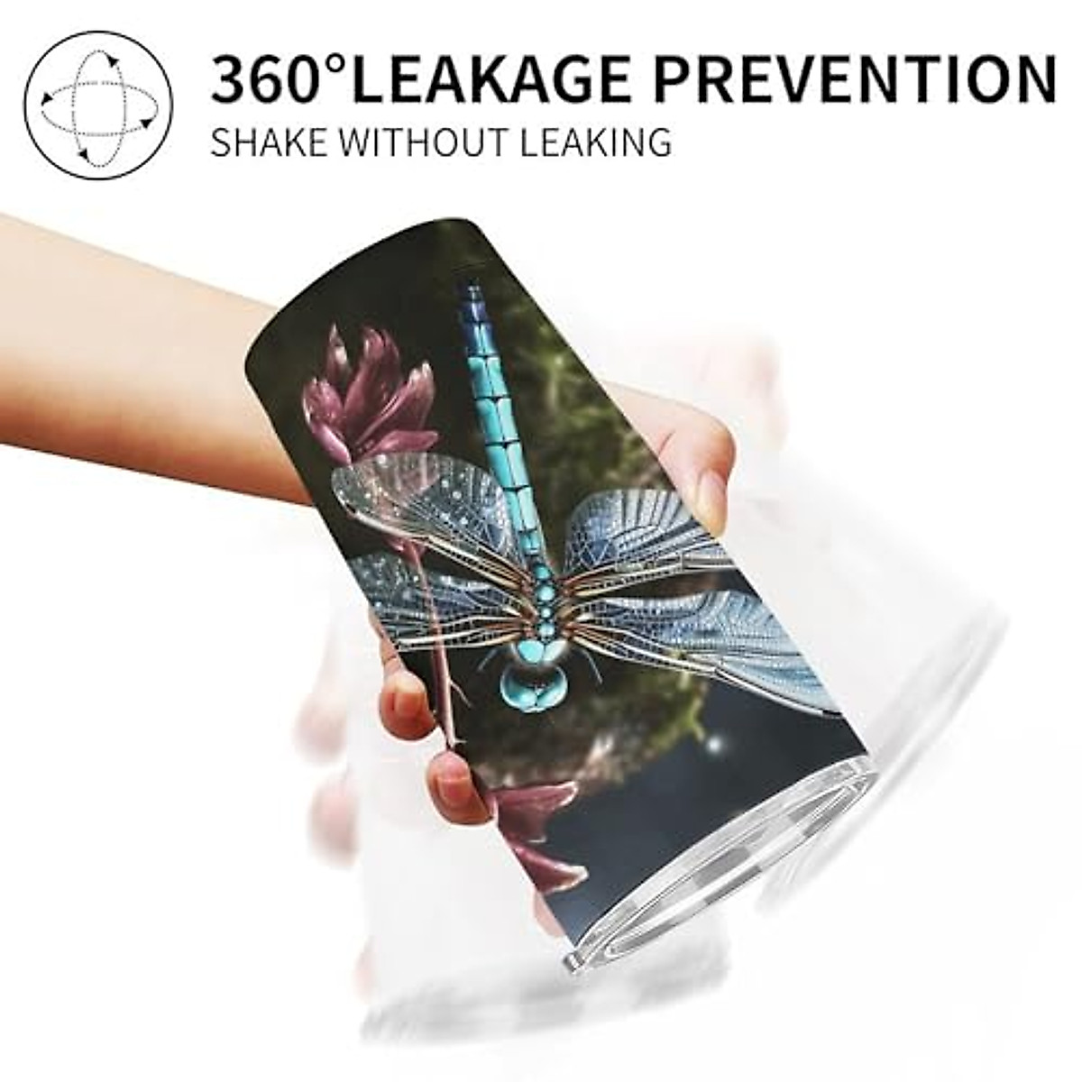 FHENMSA Stainless Steel Insulated Travel Coffee Mug,Blue Dragonfly Print Reusable Car Cup,Thermal Cup for Outdoor with Straw And Lid