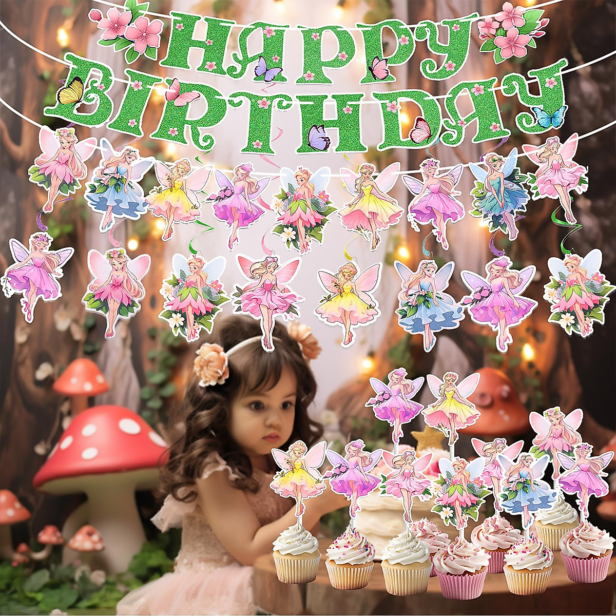 No-DIY Fairy Party Decorations Fairy Birthday Decorations Green Garden Birthday decorations Fairy Banner Fairy Birthday Party Supplies Butterfly Flower Birthday Party Decoration Enchanted Forest Happy