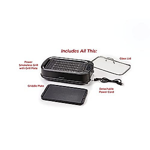 Power XL Smokeless Electric Indoor Removable Grill and Griddle Plates, Nonstick Cooking Surfaces, Glass Lid, 1500 Watt, 21X 15.4X 8.1, black