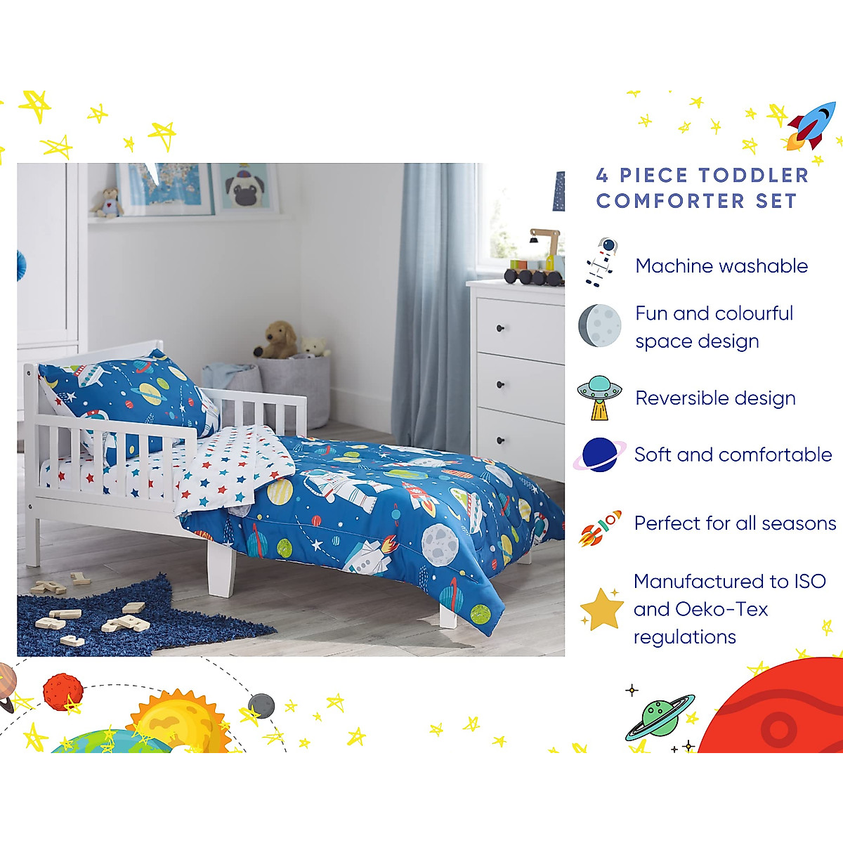 Bloomsbury Mill - 4 Piece Toddler Comforter Set - Outer Space, Rocket & Planet - Blue - Kids Bedding Set