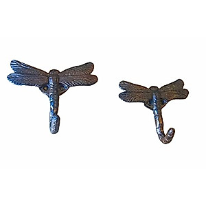 2 pc Cast Iron Dragonfly Wall Hooks with Hardware Rustic Brown