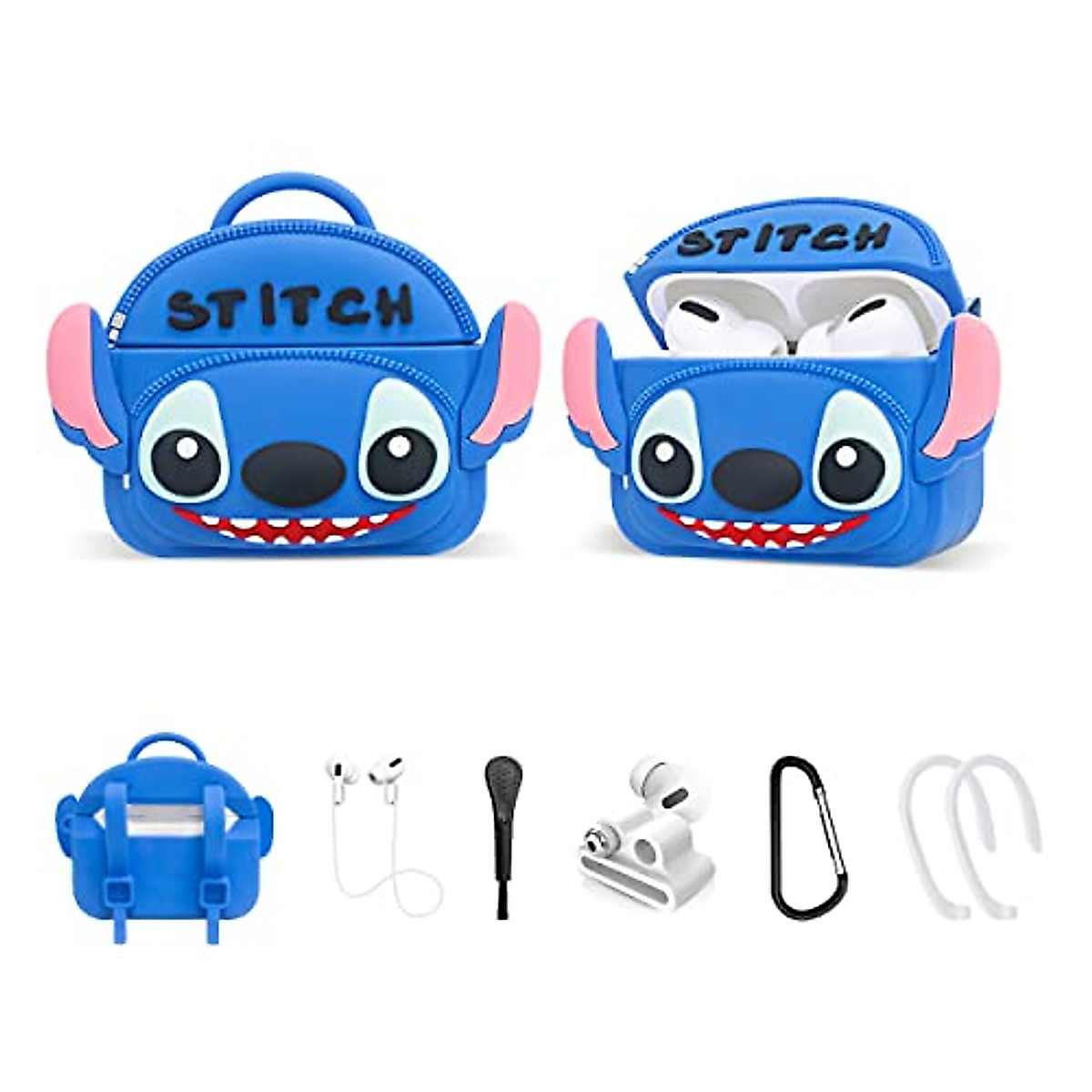 Cute Case for Airpods Pro, 6 in 1 Silicone Backpack Airpods Pro Charging case Accessories Cover,3D Fashion Funny Cartoon Shoulder Bag Protective Design Skin for Girls Women Teens with Keychain