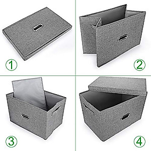 Valease Large Linen Collapsible Storage Bins with Removable Lids and Handles, Washable Storage Box Containers Baskets Cube with Cover for Bedroom,Closet,Office,Living Room,Nursery (Grey, Large)